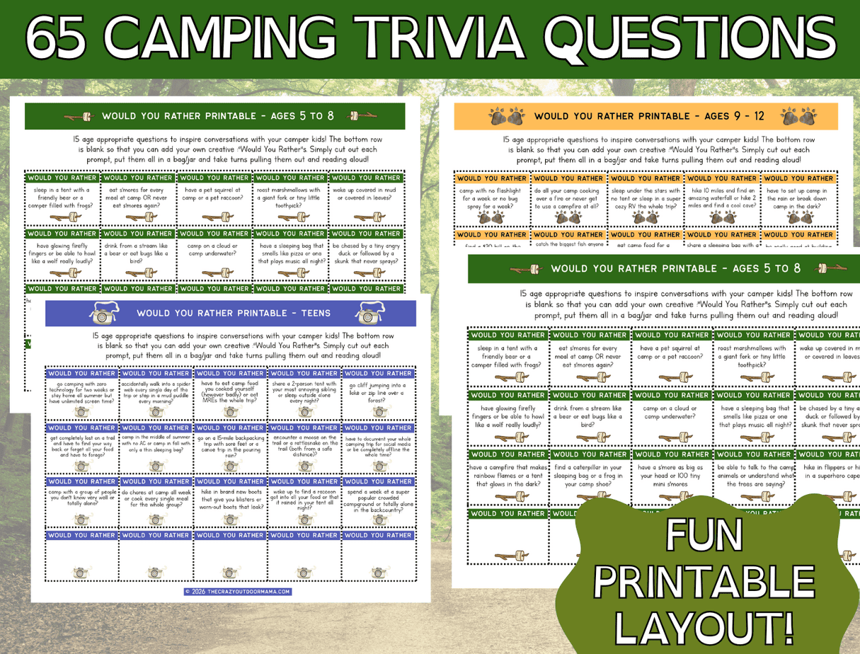 Camping Would You Rather Questions + Free Printable (65+ Ideas for Kids ...