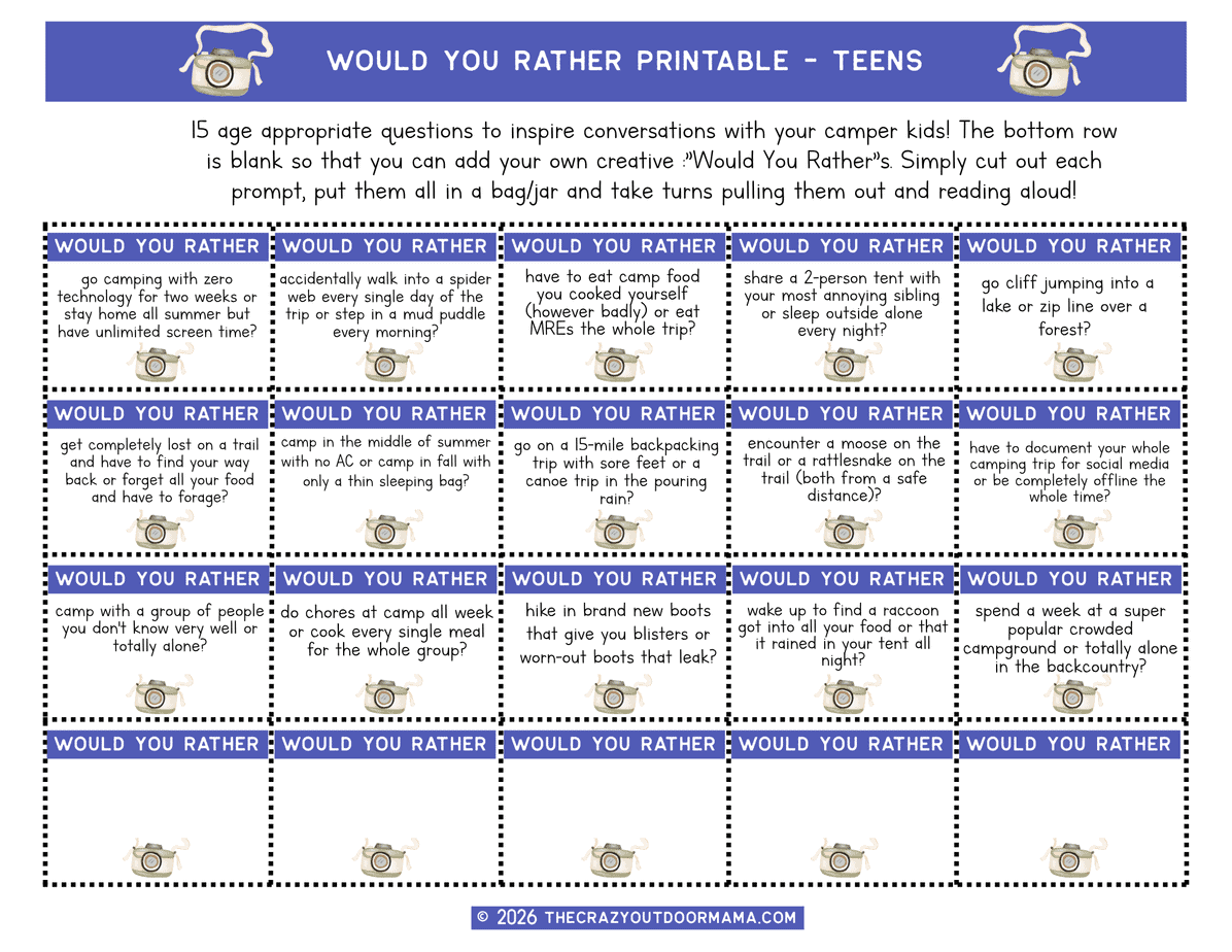 Camping Would You Rather Questions + Free Printable (65+ Ideas for Kids ...