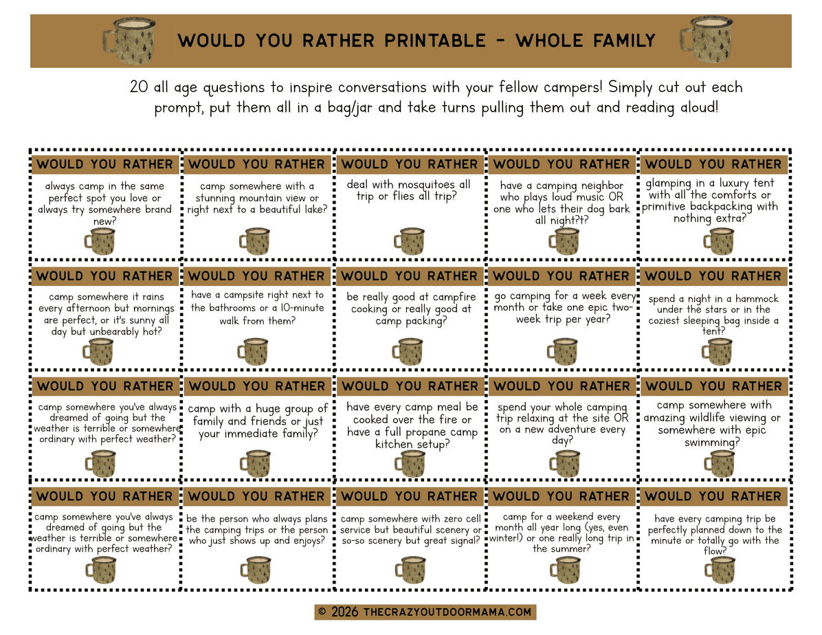 Camping Would You Rather Questions + Free Printable (65+ Ideas for Kids ...